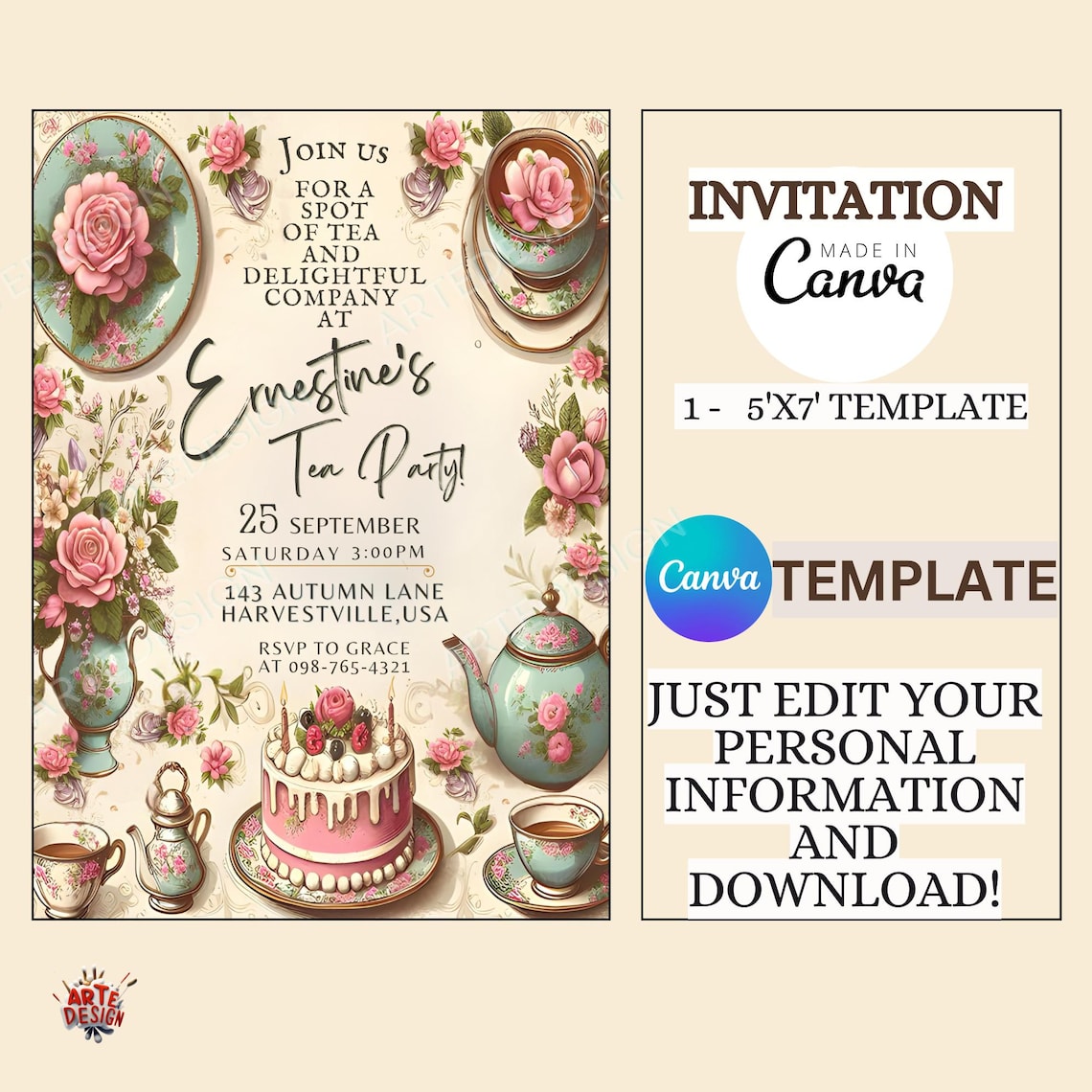 Tea Party Invitation, Editable Tea Party Invitation, Digital Tea Party ...