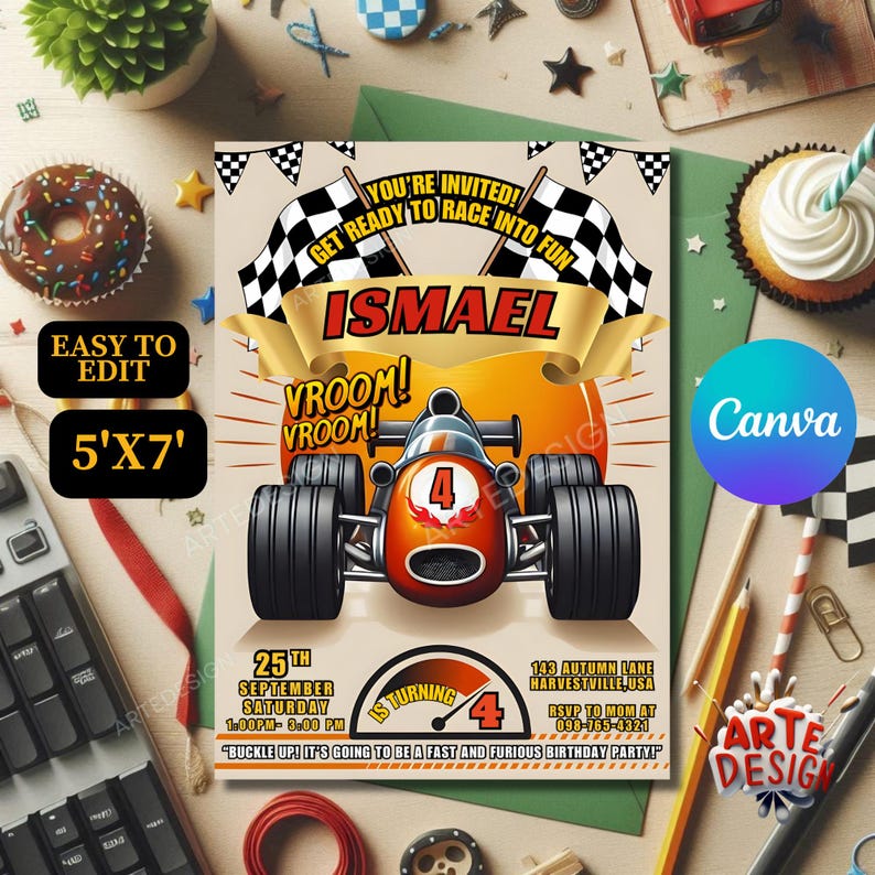 Race Car Birthday Party Invitation, Go Car Birthday Invitation, Race ...