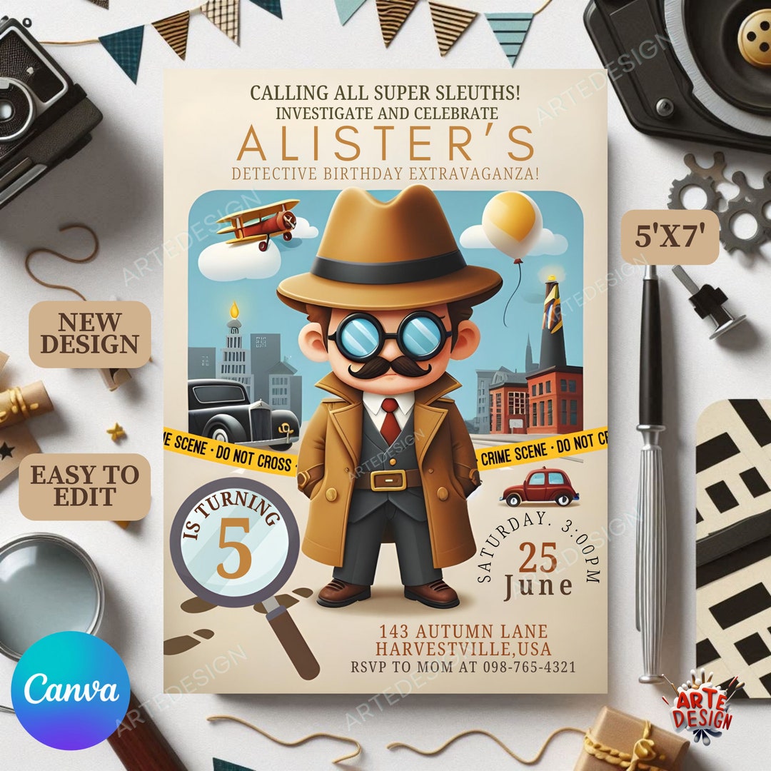 Detective Birthday Party Invitation, Sleuth Editable Birthday ...