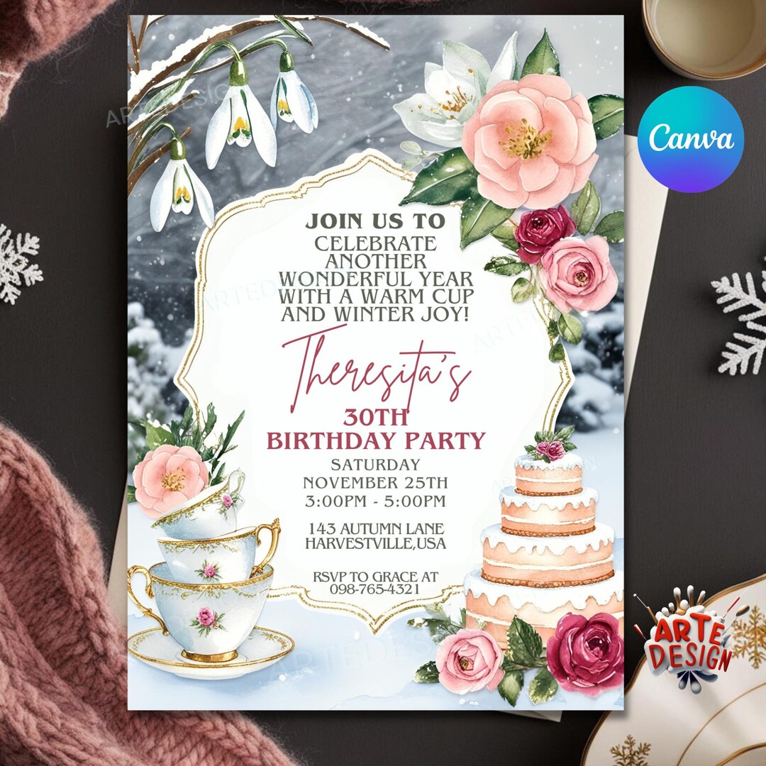 Winter Tea Party Invitation, Tea Party Birthday Invitation, Editable ...