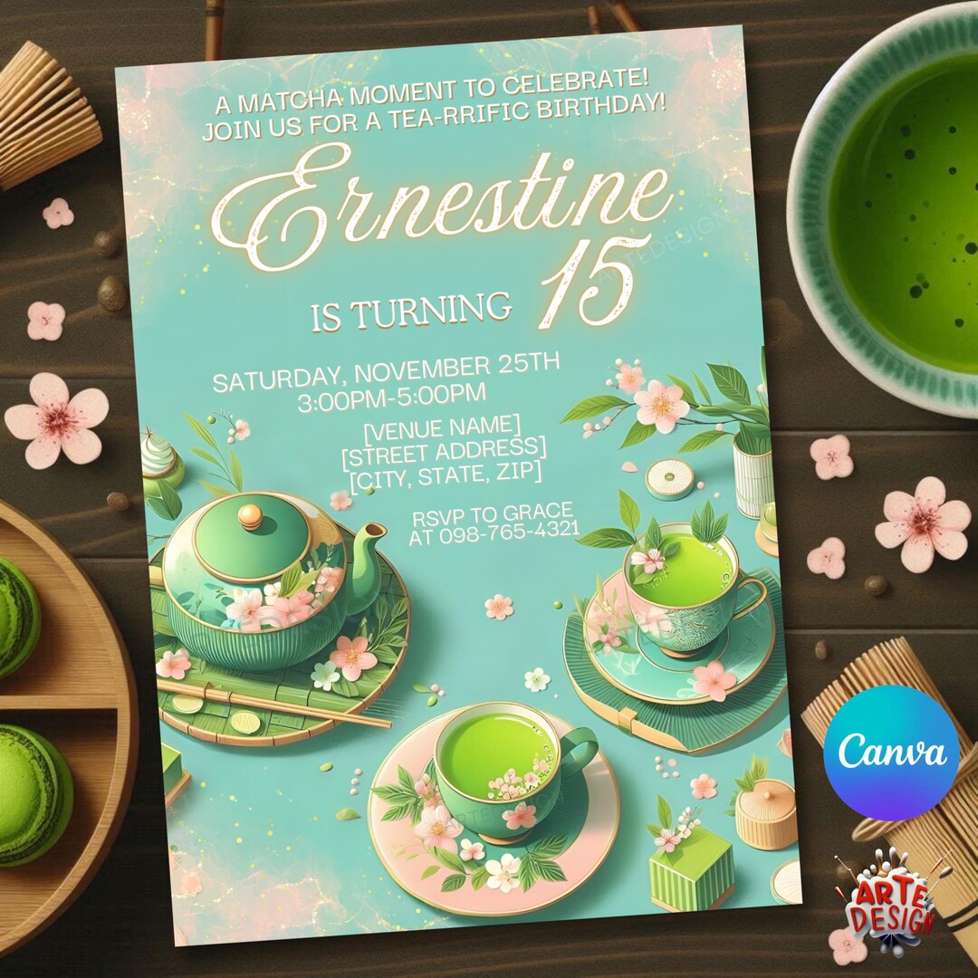 Matcha Tea Party Invitation, Editable Tea Party Invitation, Digital Tea ...