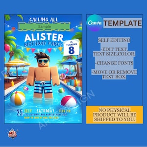 Editable Oblox Pool Party Invitation , Roblo Birthday Invitation, Roblo ...