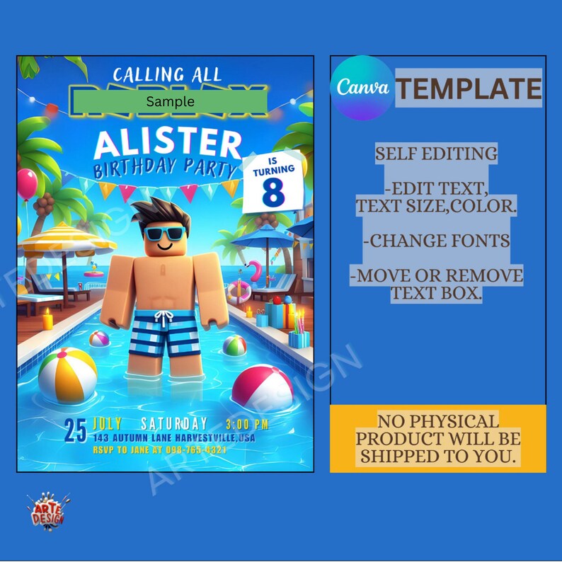 Editable Oblox Pool Party Invitation , Roblo Birthday Invitation, Roblo ...