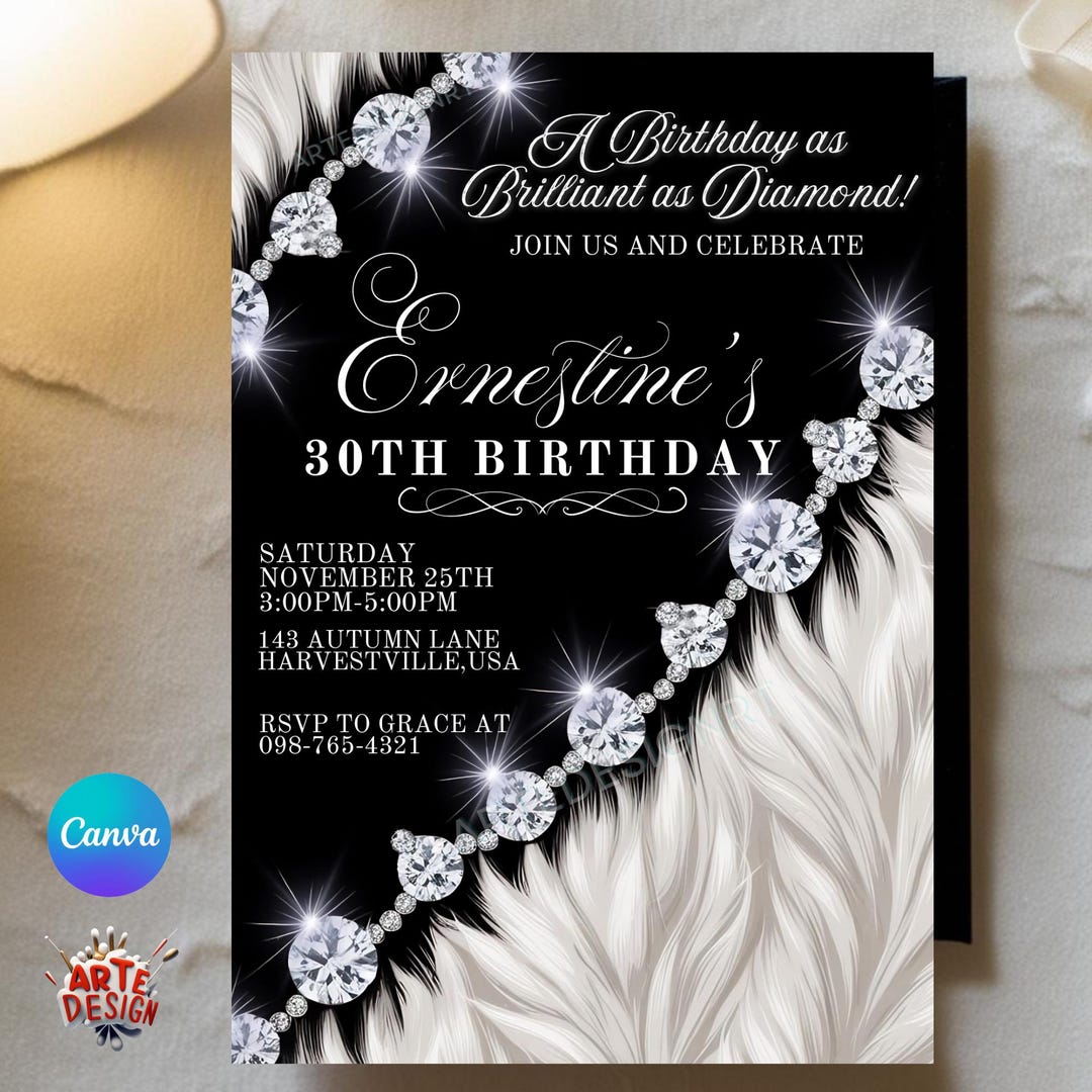 Editable Elegant Birthday Invitation, Diamond Glam Invitation, Diamond ...