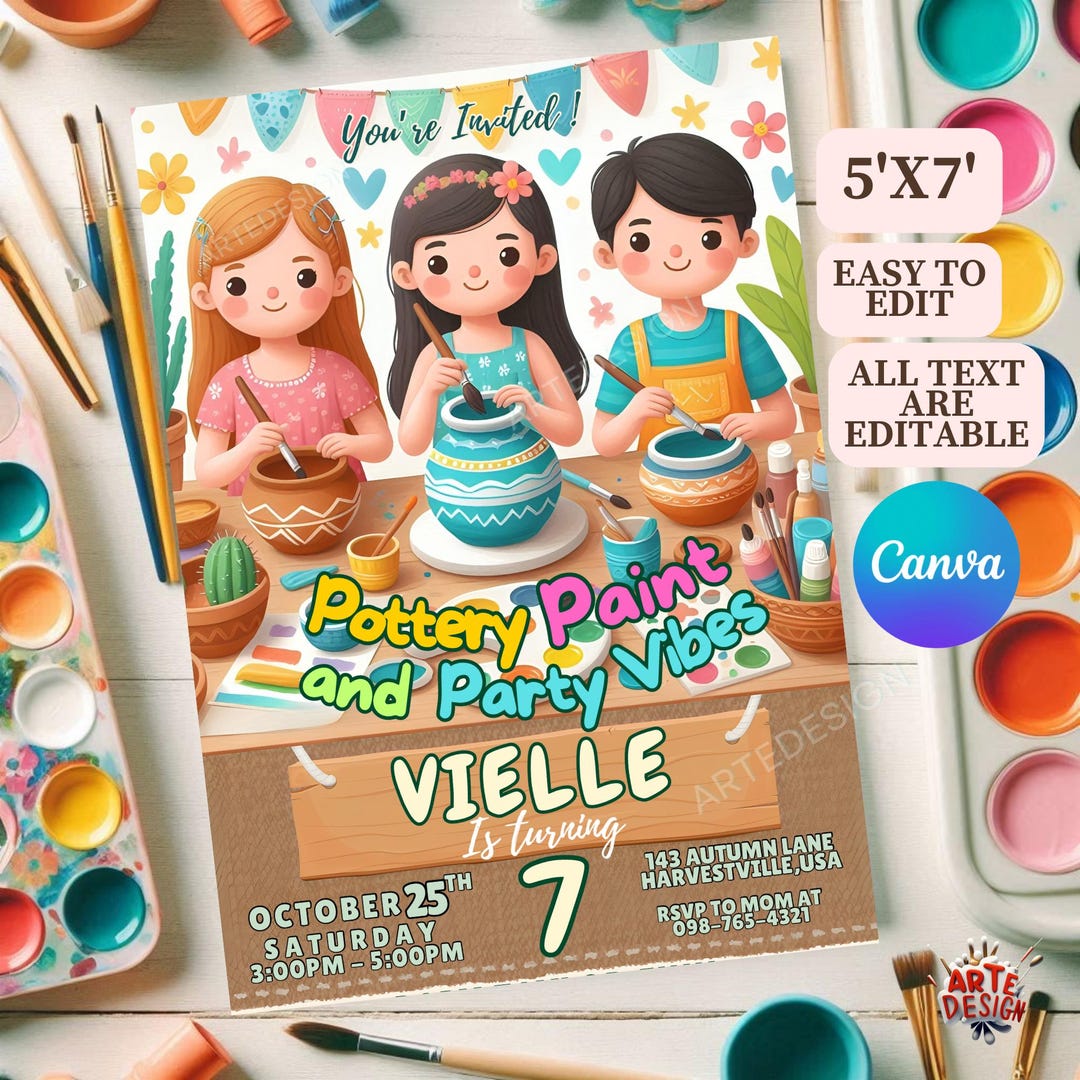 Pottery Painting Party Invitation, Editable Pottery Party Invitation ...