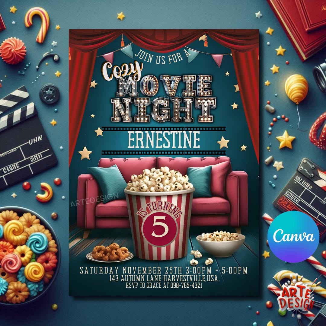 Movie Night Birthday Invitation, Editable Movie Night Birthday Party ...