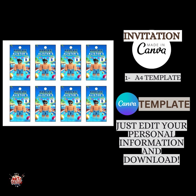 Editable Oblox Pool Party Invitation , Roblo Birthday Invitation, Roblo ...