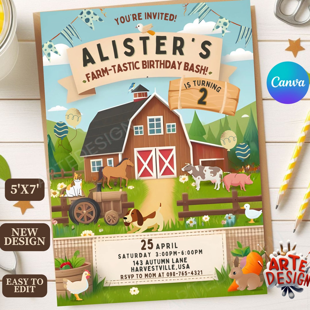 Farm Birthday Party Invitation, Editable Birthday Invitation, Barn ...