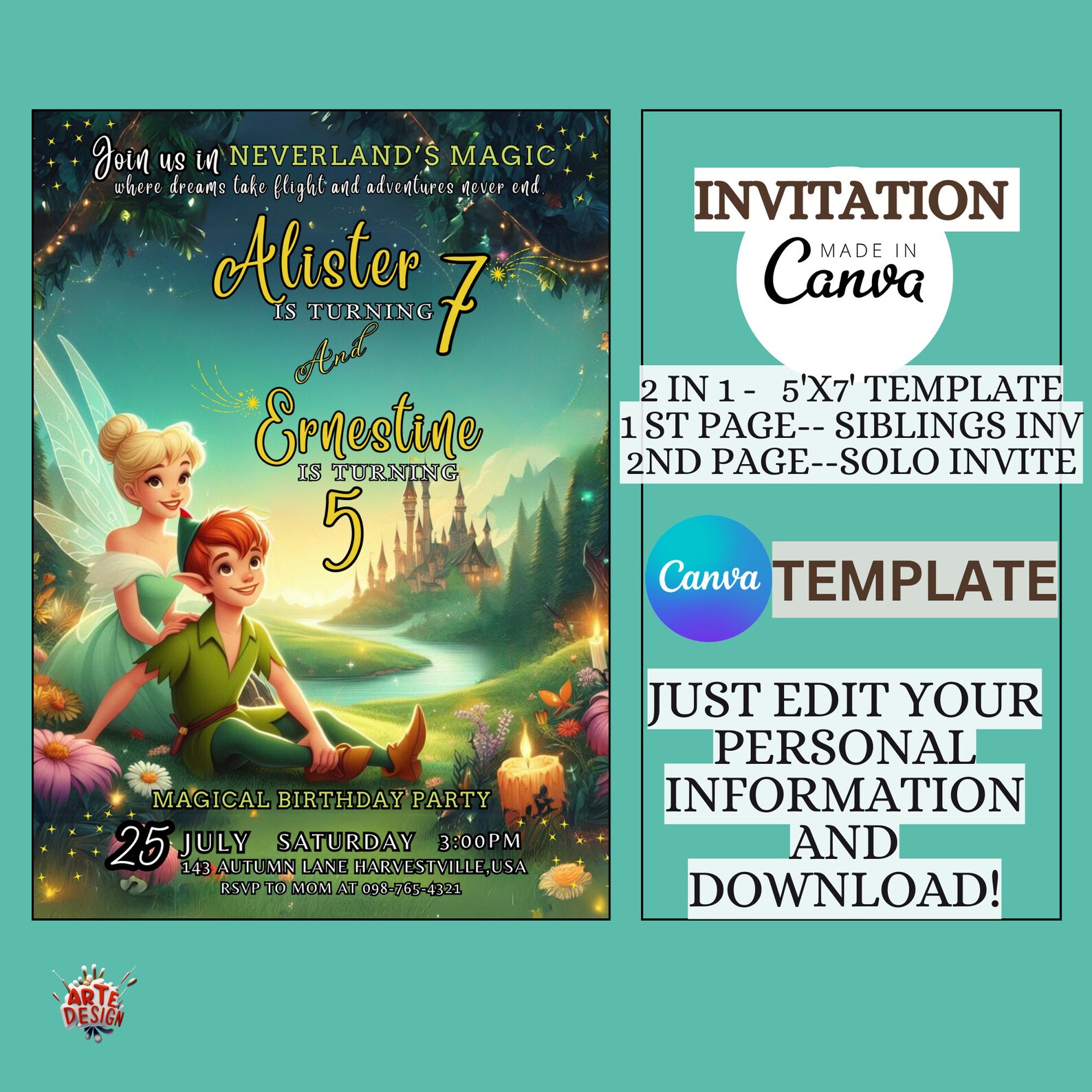 Peter and Tinker Birthday Invitation, Neverland Birthday Party ...