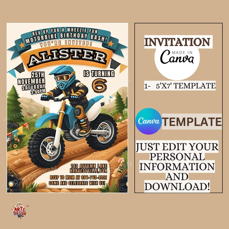 Motorbike Birthday Invitation, Motor Birthday Party Invitation ...