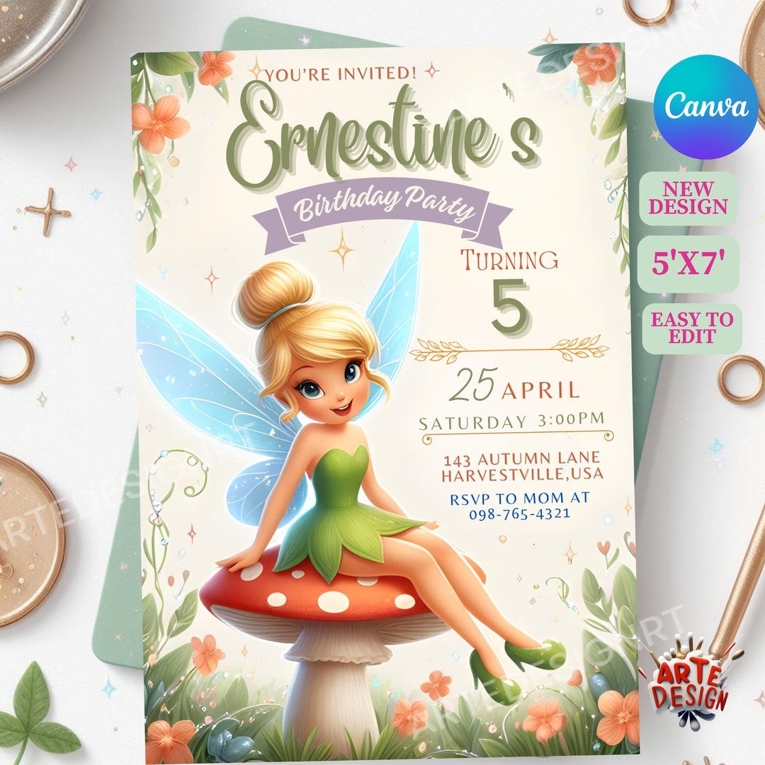 Tinker B Birthday Invitation Fairy Tink Bell Birthday Party Invitation