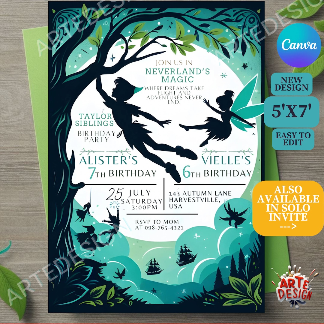 Peter and Tinker Birthday Invitation, Neverland Birthday Party ...