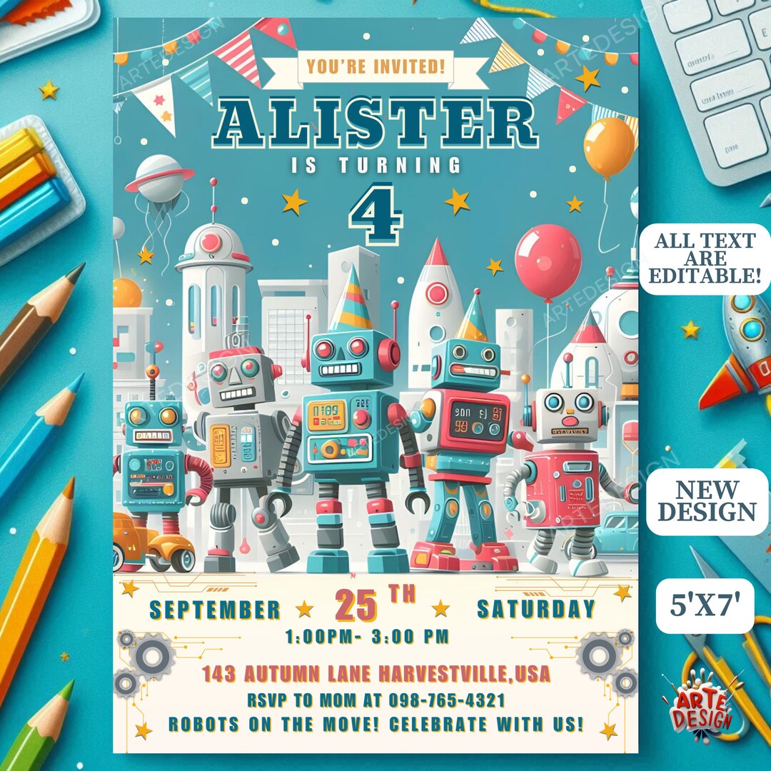 Robot Birthday Invitation, Robots Birthday Party Invitation, Robot ...