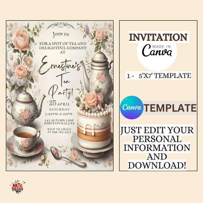 Tea Party Invitation, Editable Tea Party Invitation, Digital Tea Party ...