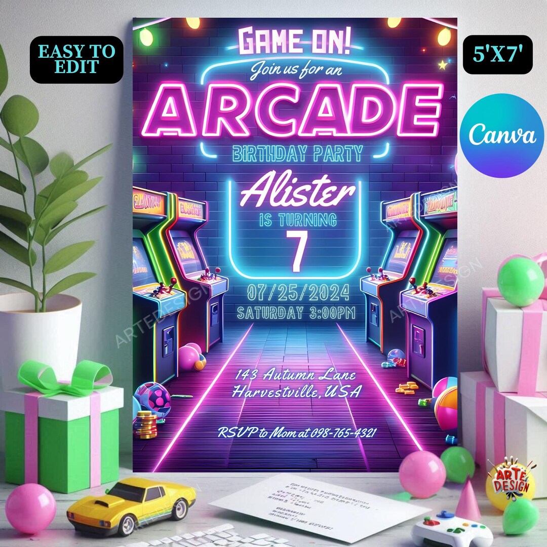 Arcade Birthday Invitation, Arcade Game on Birthday Party, Neon Arcade ...