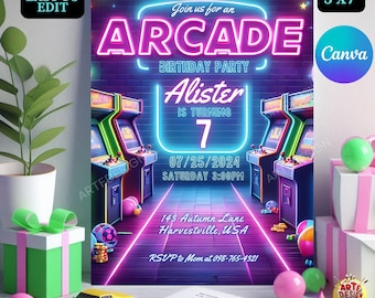 Arcade Birthday Invitation, Arcade Game on Birthday Party, Neon Arcade ...
