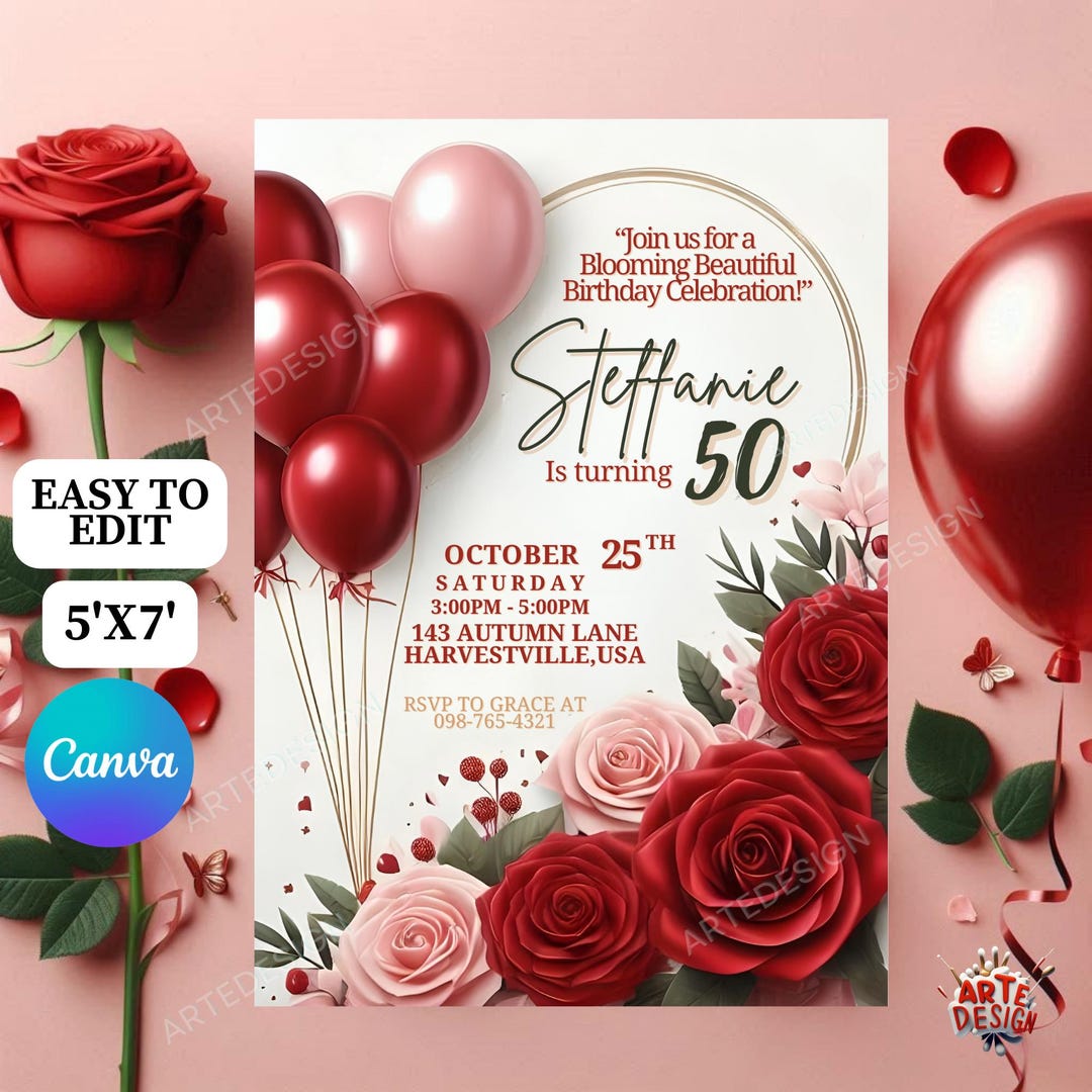 Red Rose Birthday Invitation, Rose Flower Birthday Party Invitation ...