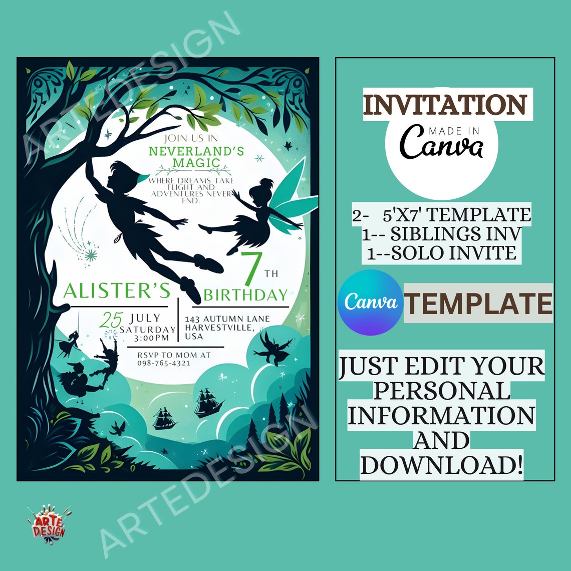 Peter and Tinker Birthday Invitation, Neverland Birthday Party ...