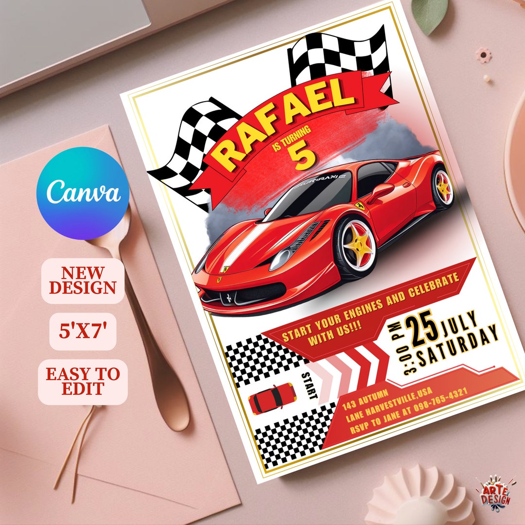 Red Car Birthday Party Invitation, Car Birthday Invitation, Race Car ...