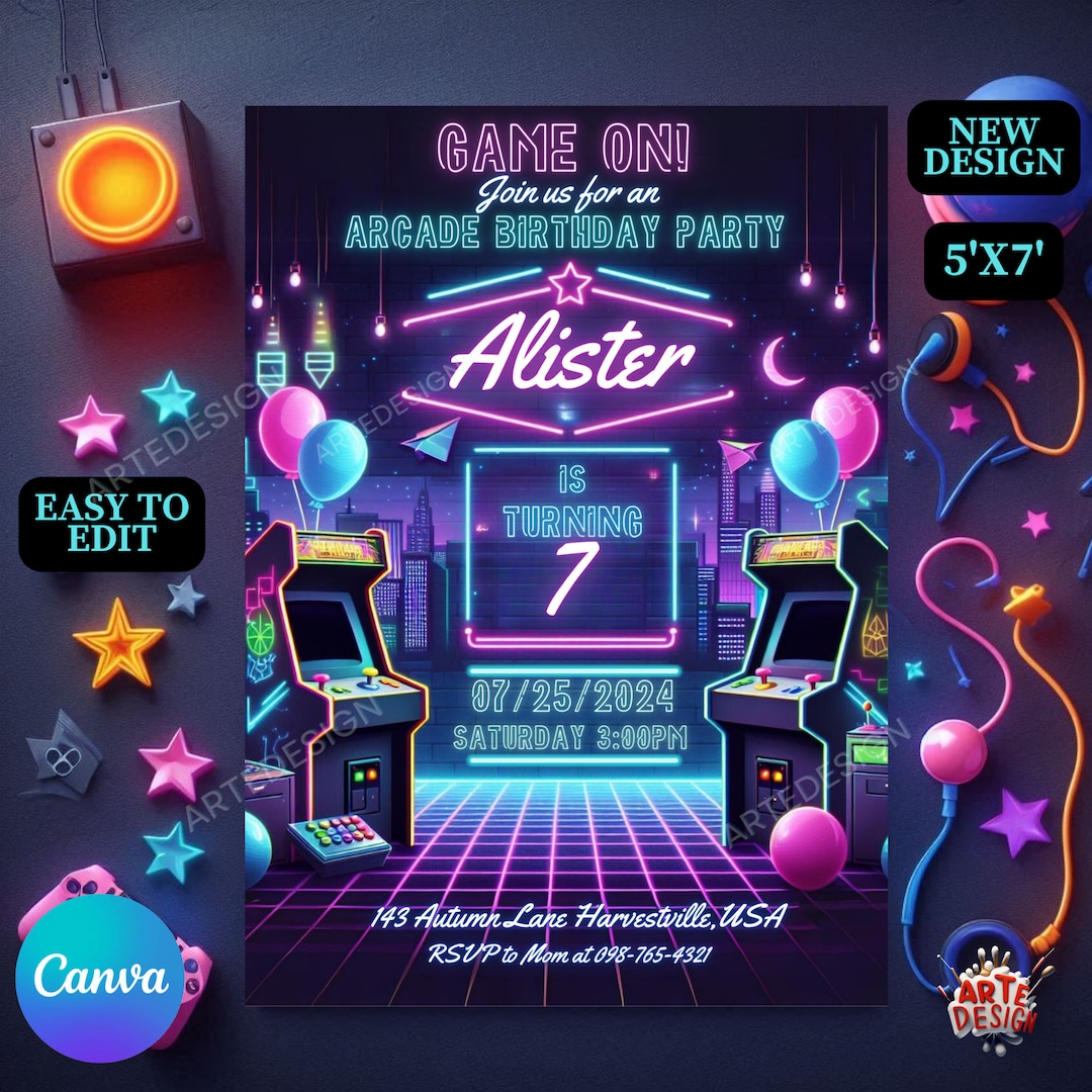 Arcade Birthday Invitation, Arcade Game on Birthday Party, Neon Arcade ...