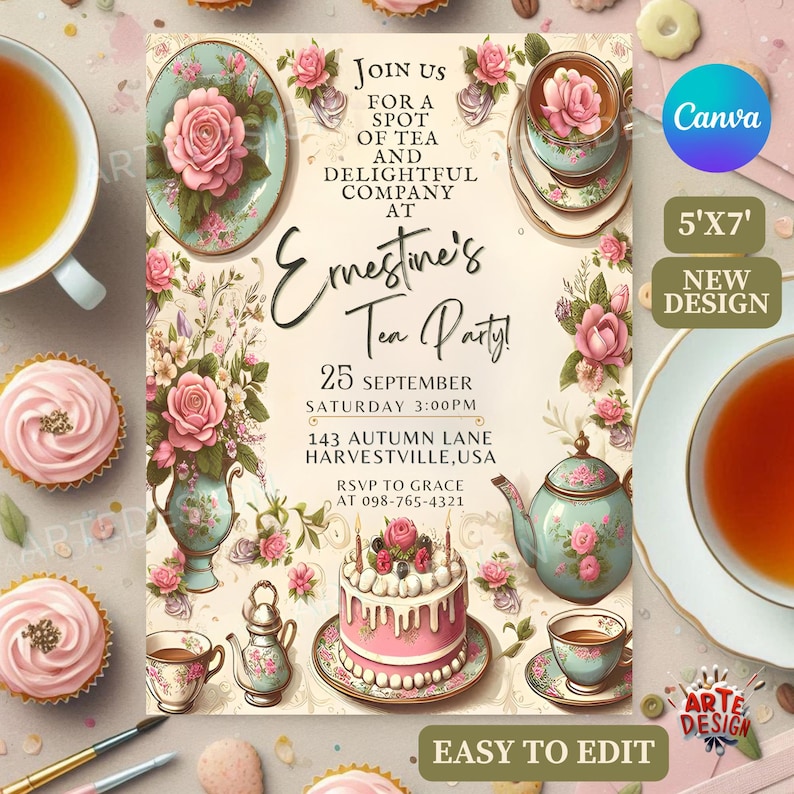 Tea Party Invitation, Editable Tea Party Invitation, Digital Tea Party ...