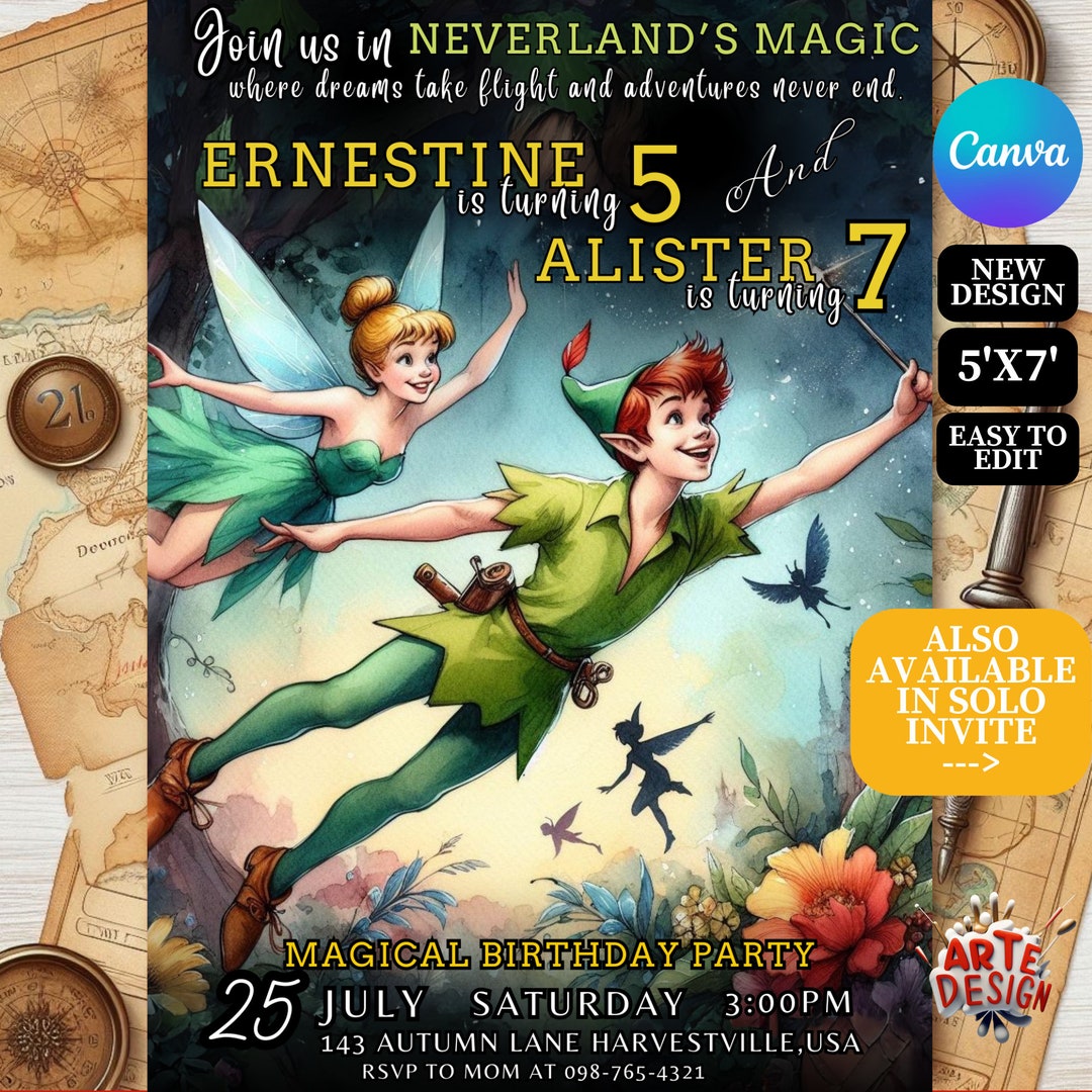 Peter and Tinker Birthday Invitation, Neverland Birthday Party ...