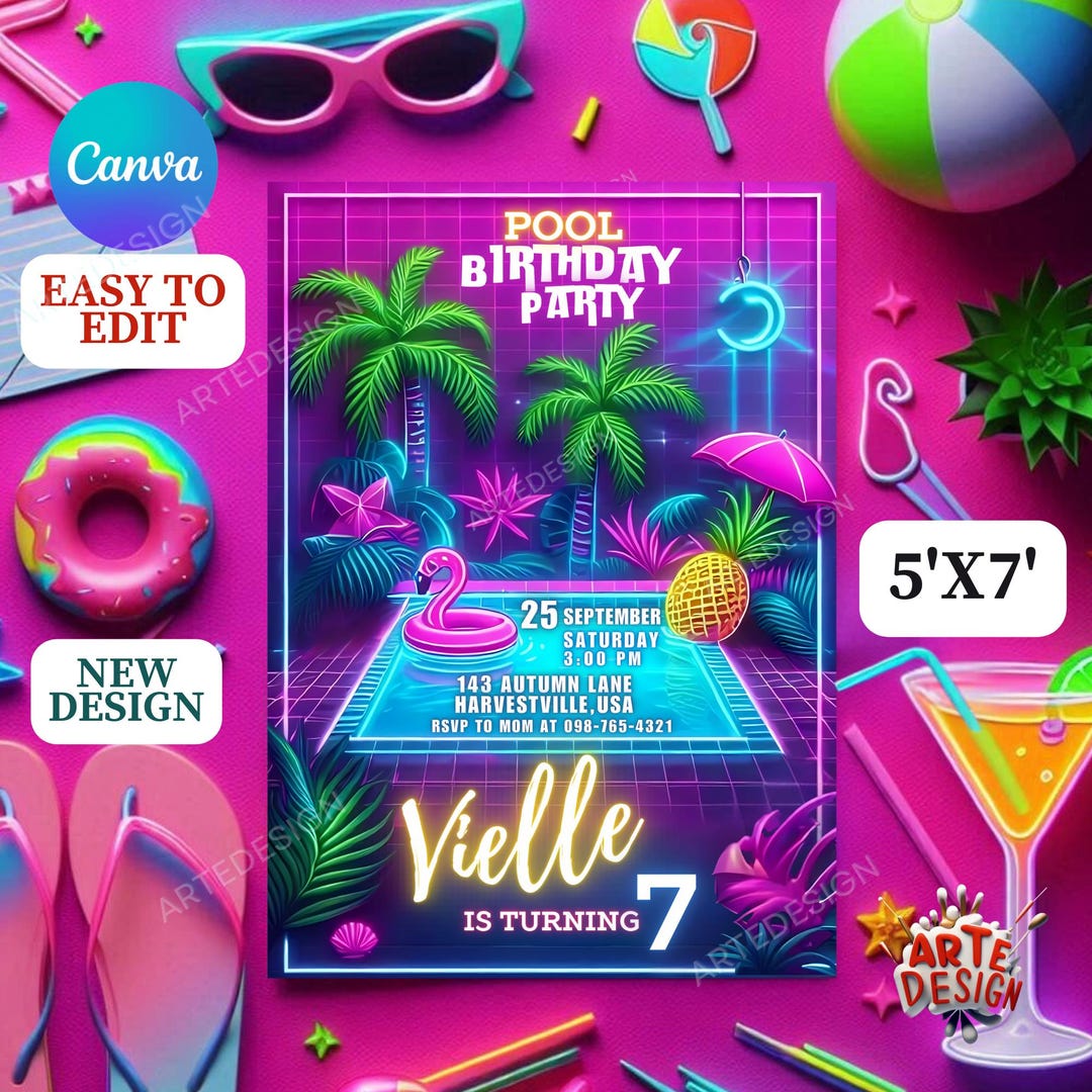 Editable Neon Pool Birthday Invitation, Pool Party Birthday, Neon Party ...