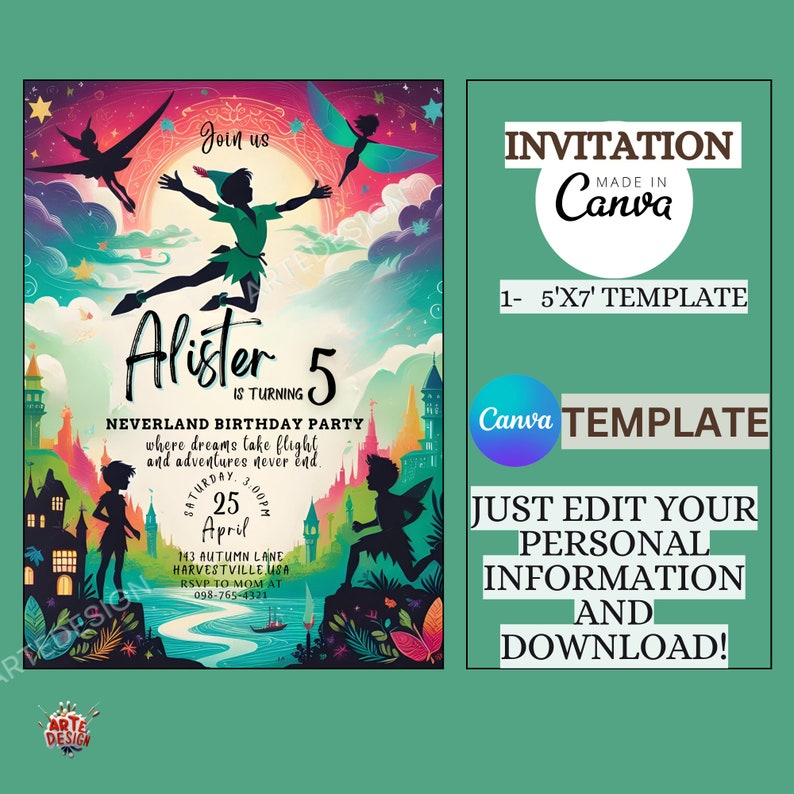 Peter Invitation, Neverland Birthday Party Invitation, Peter Invitation ...