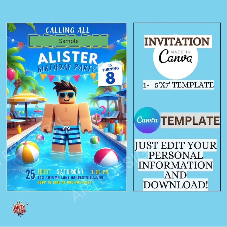 Editable Oblox Pool Party Invitation , Roblo Birthday Invitation, Roblo ...