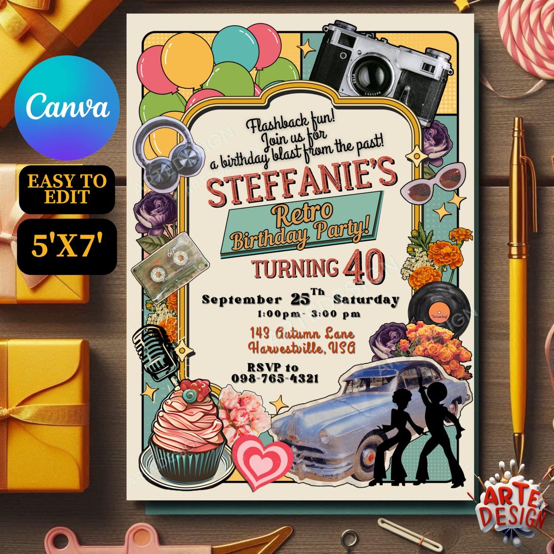 Retro Birthday Invitation, Editable Retro Party Invitation, Retro ...