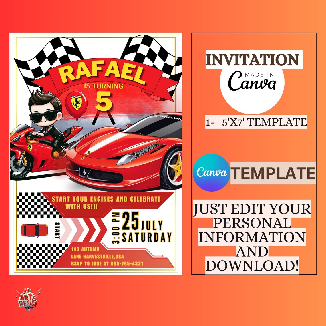 Red Motor Birthday Party Invitation, Car Birthday Invitation, Race Car ...