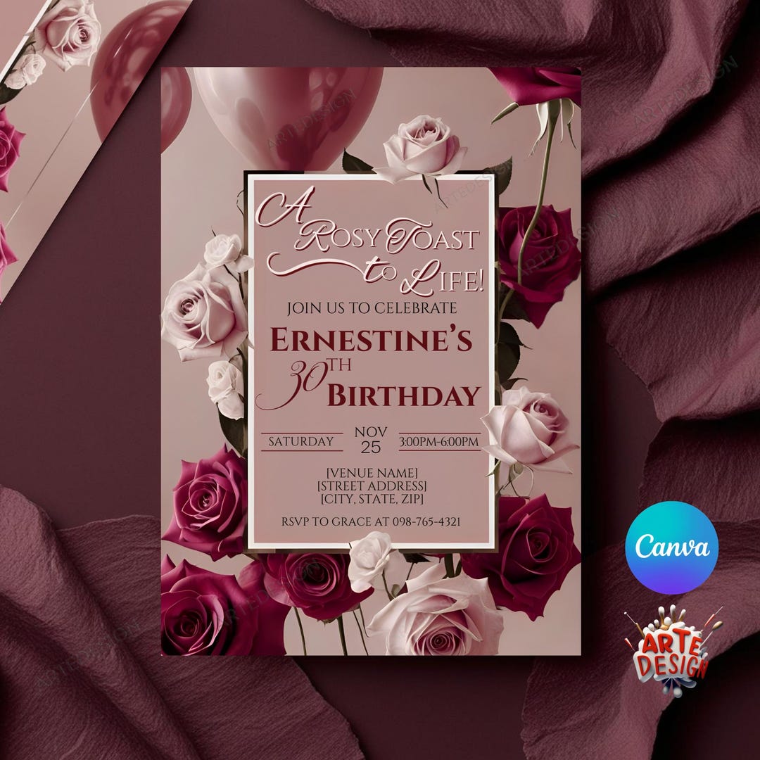 Red Rose Birthday Invitation, Rose Flower Birthday Party Invitation ...