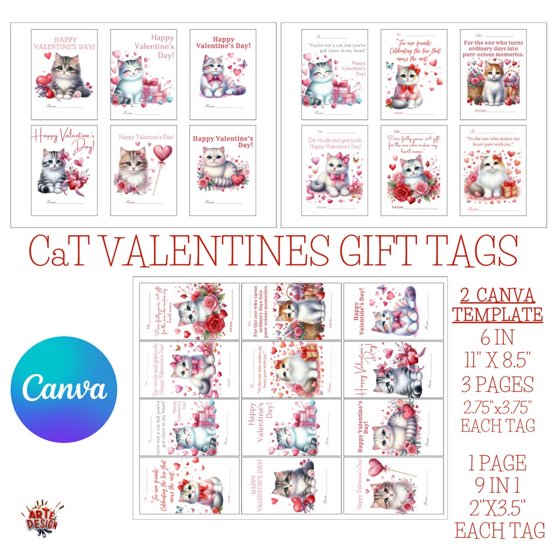 Printable Valentines Card, Valentines Gift Tags, Cat Valentines Gift ...