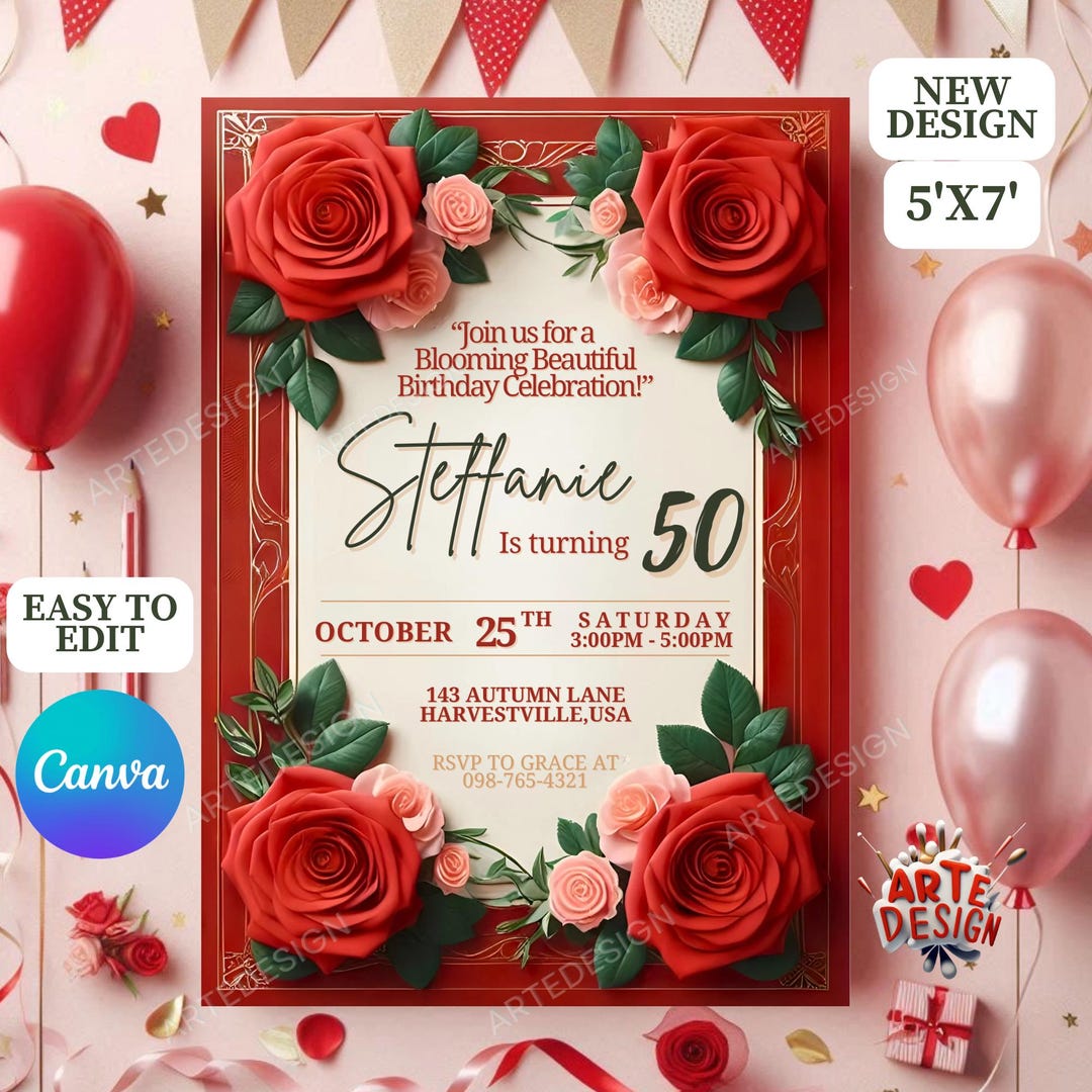 Red Rose Birthday Invitation, Rose Flower Birthday Party Invitation ...