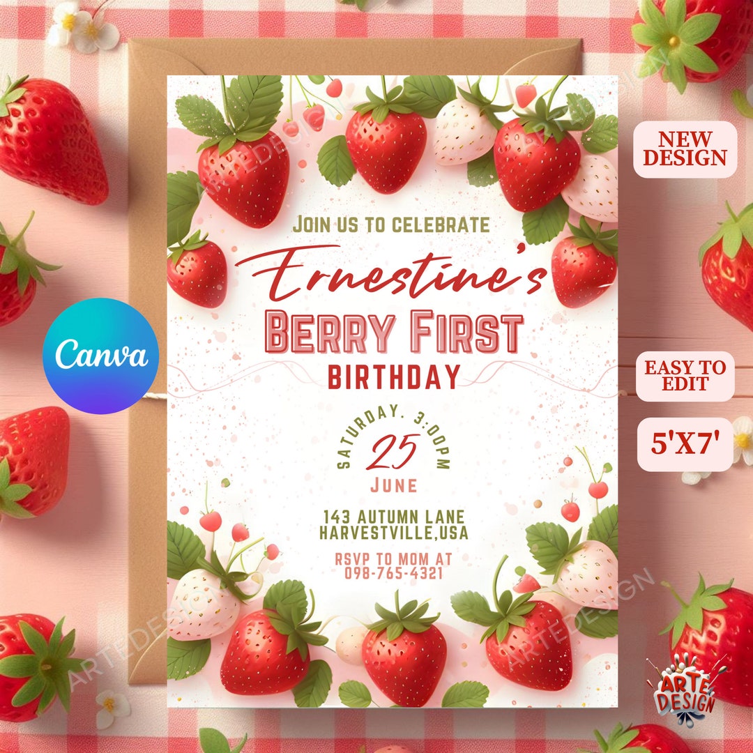 Berry First Birthday Party Invitation, Strawberry Birthday Invite ...