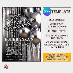 Silver Invitation, Editable Glam Party Invitation, Digital Glam ...