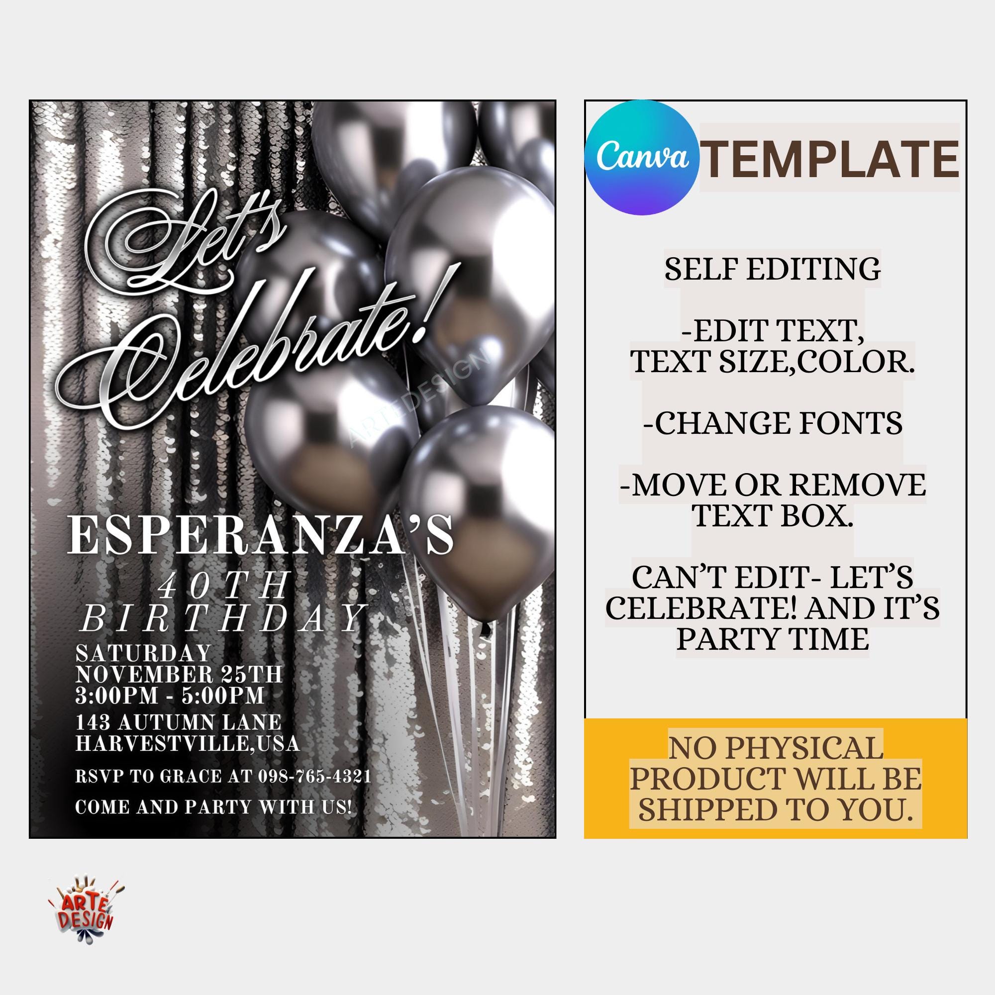 Silver Invitation, Editable Glam Party Invitation, Digital Glam ...
