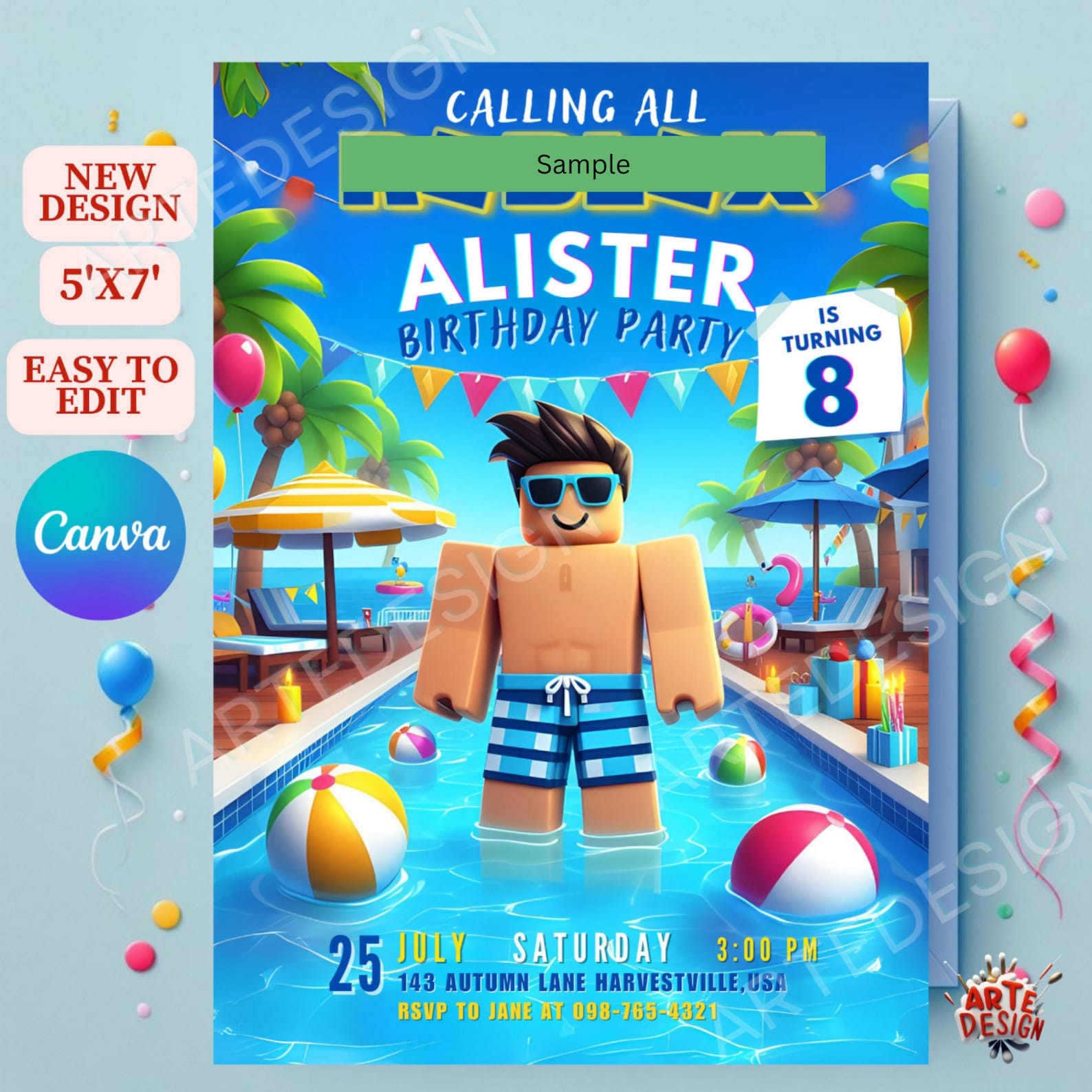 Editable Oblox Pool Party Invitation , Roblo Birthday Invitation, Roblo ...