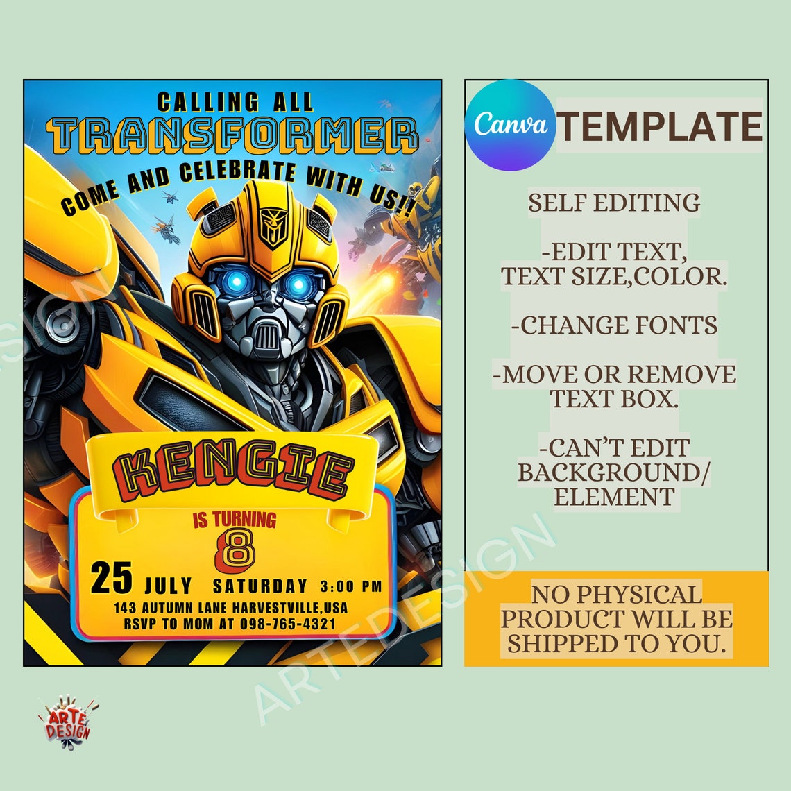 Transformer Bumbleb Birthday Invitation, Autobot Birthday Party ...