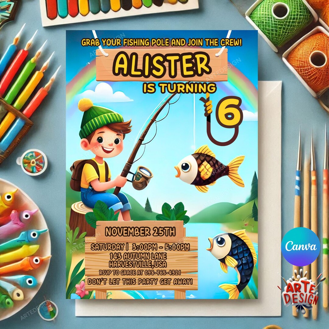 Fishing Birthday Invitation, Lake Fishing Birthday Party Invitation ...