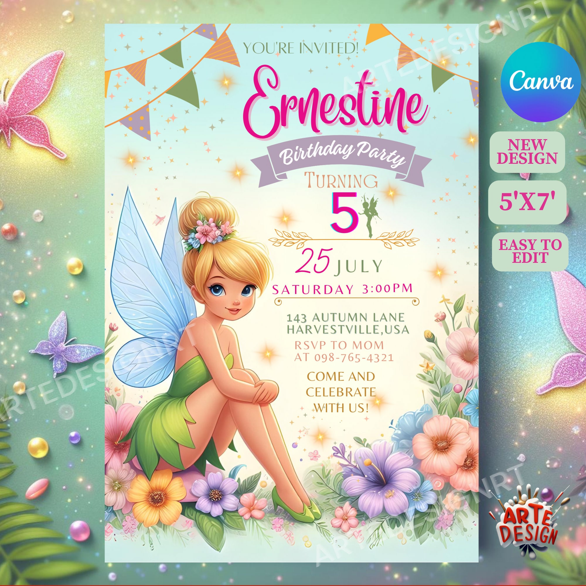 Tinker B Birthday Invitation, Fairy Tink Bell Birthday Party Invitation ...