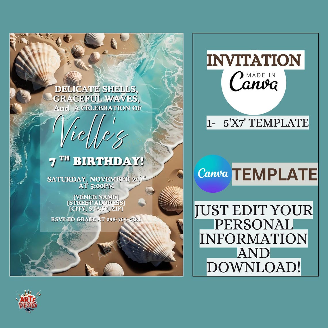 Beach Birthday Invitation, Shell Birthday Invitation, Shore Sea ...