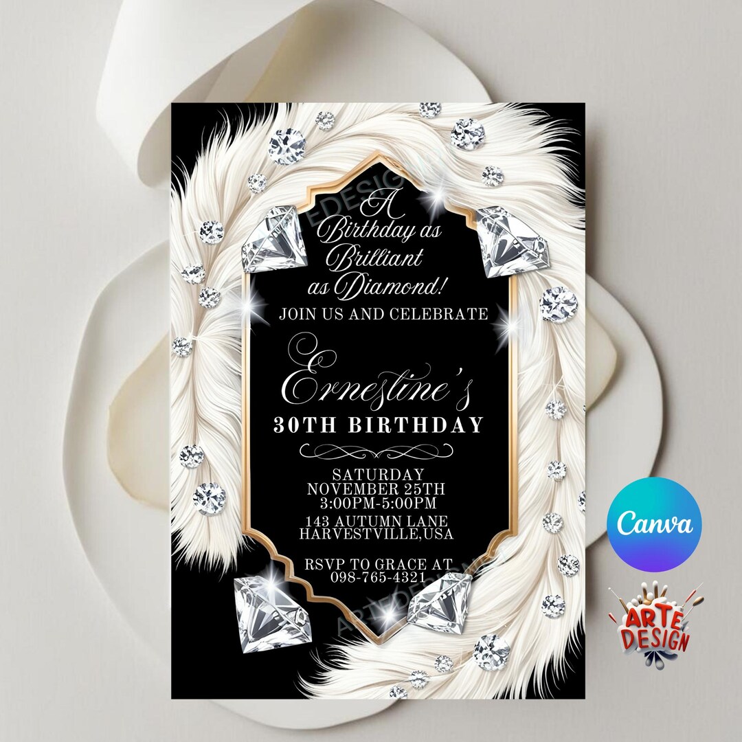 Editable Elegant Birthday Invitation, Diamond Glam Invitation, Diamond ...