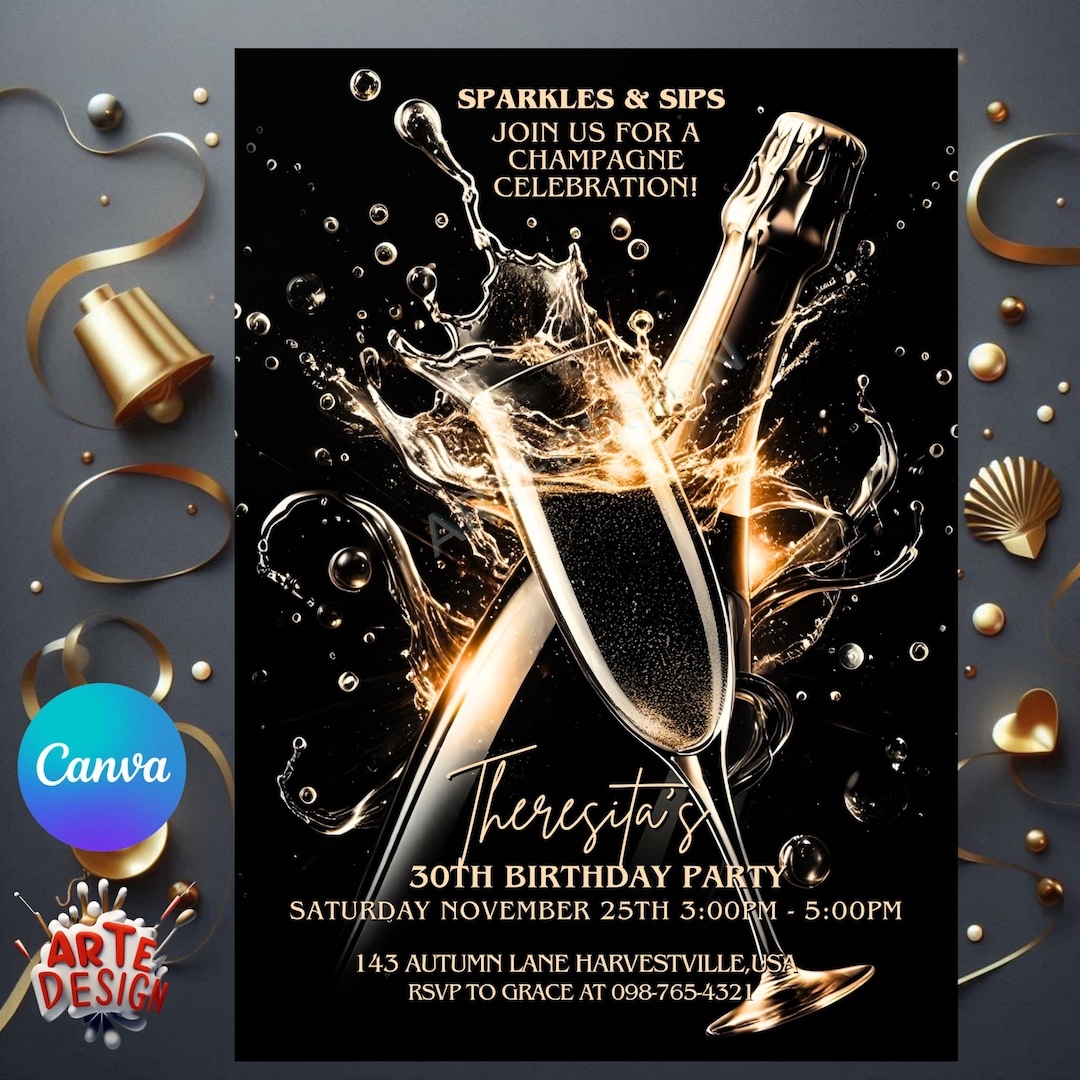Editable Champagne Birthday Invitation, Champagne Party Invitation ...