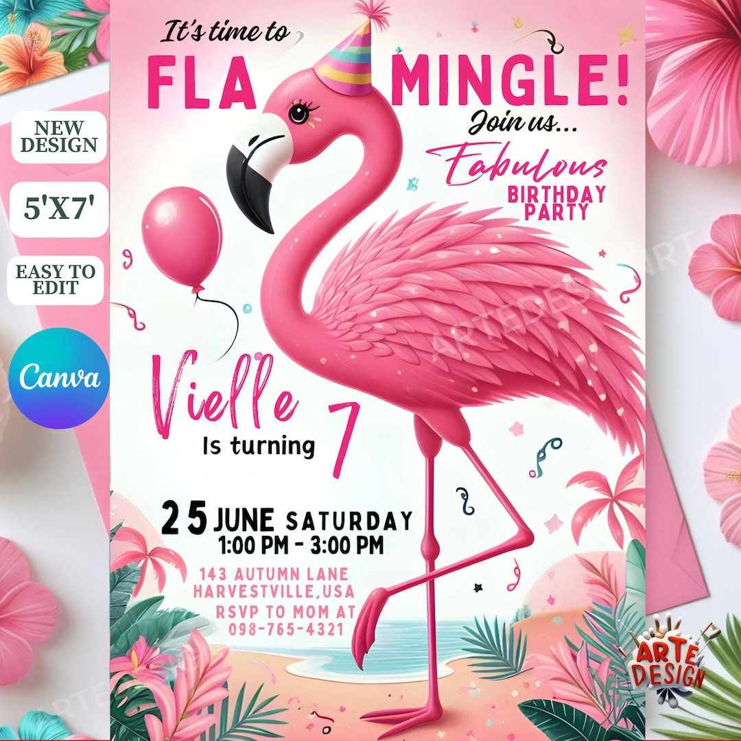 Flamingo Birthday Invitation, Flamingo Birthday Party Invitation, Pink ...