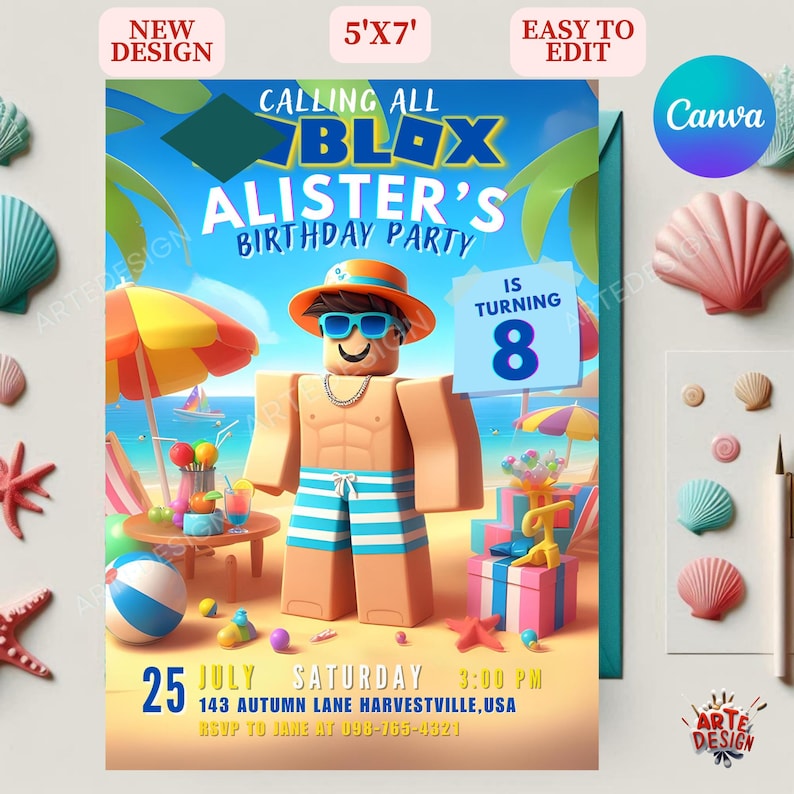 Editable Oblox Pool Party Invitation , Roblo Birthday Invitation, Roblo ...