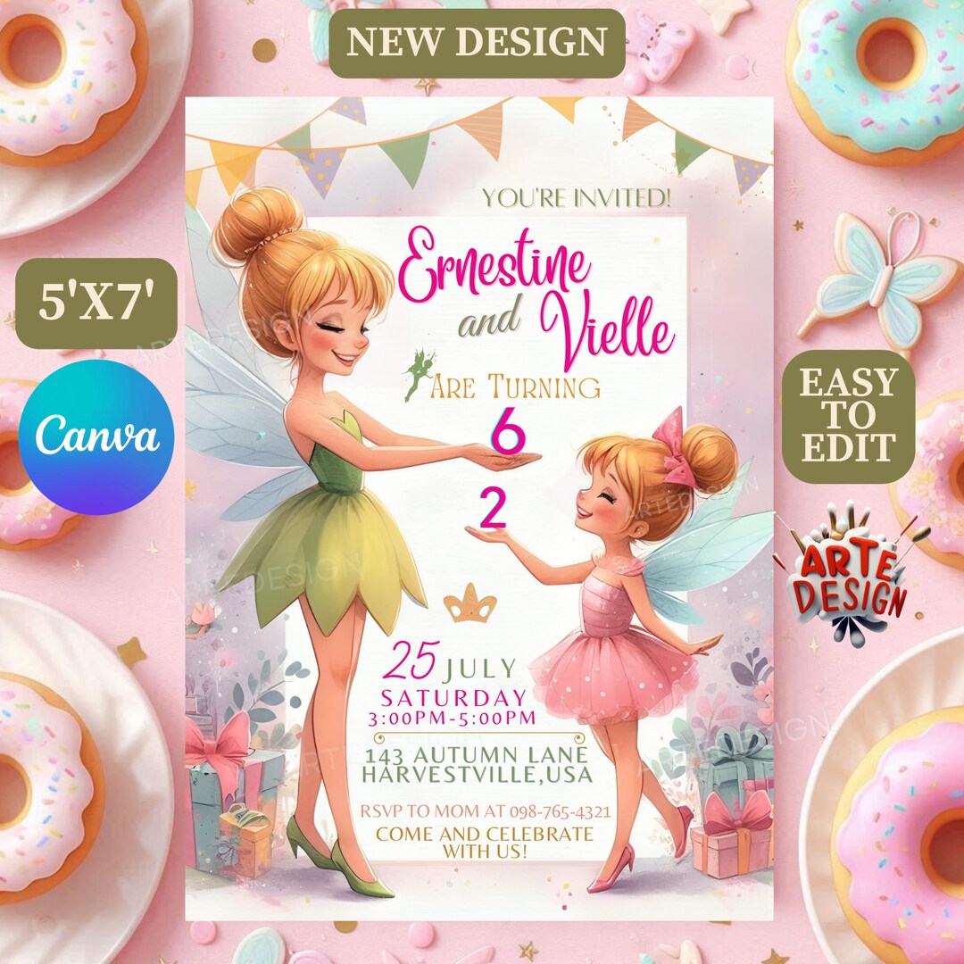 Tinker B Birthday Invitation, Siblings Fairy Tink Bell Birthday Party ...