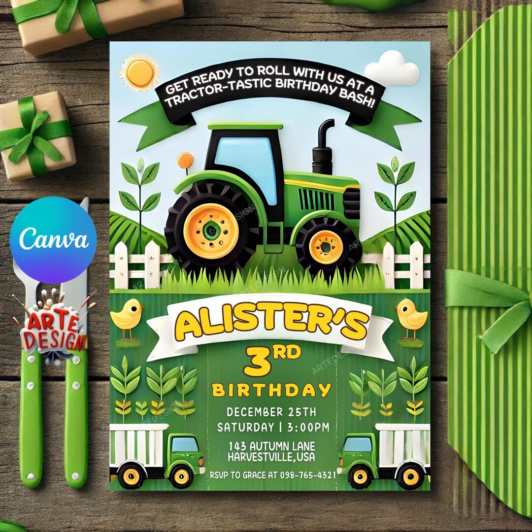 Tractor Birthday Invitation, Green Tractor Party Invitation, Editable ...