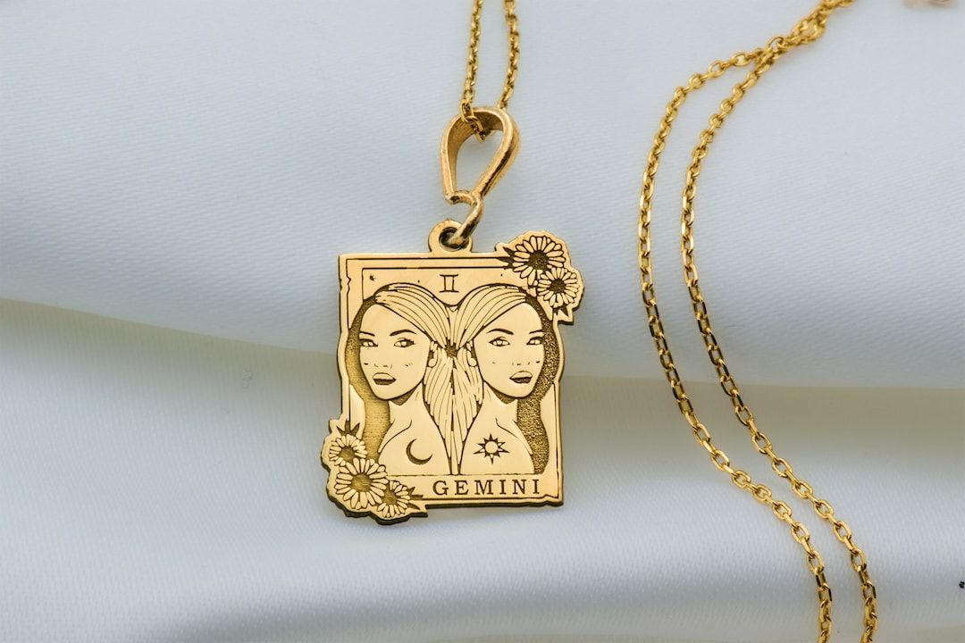 14k Solid Gold Gemini Zodiac Sign Charm Necklace, Gemini Silver Pendant ...