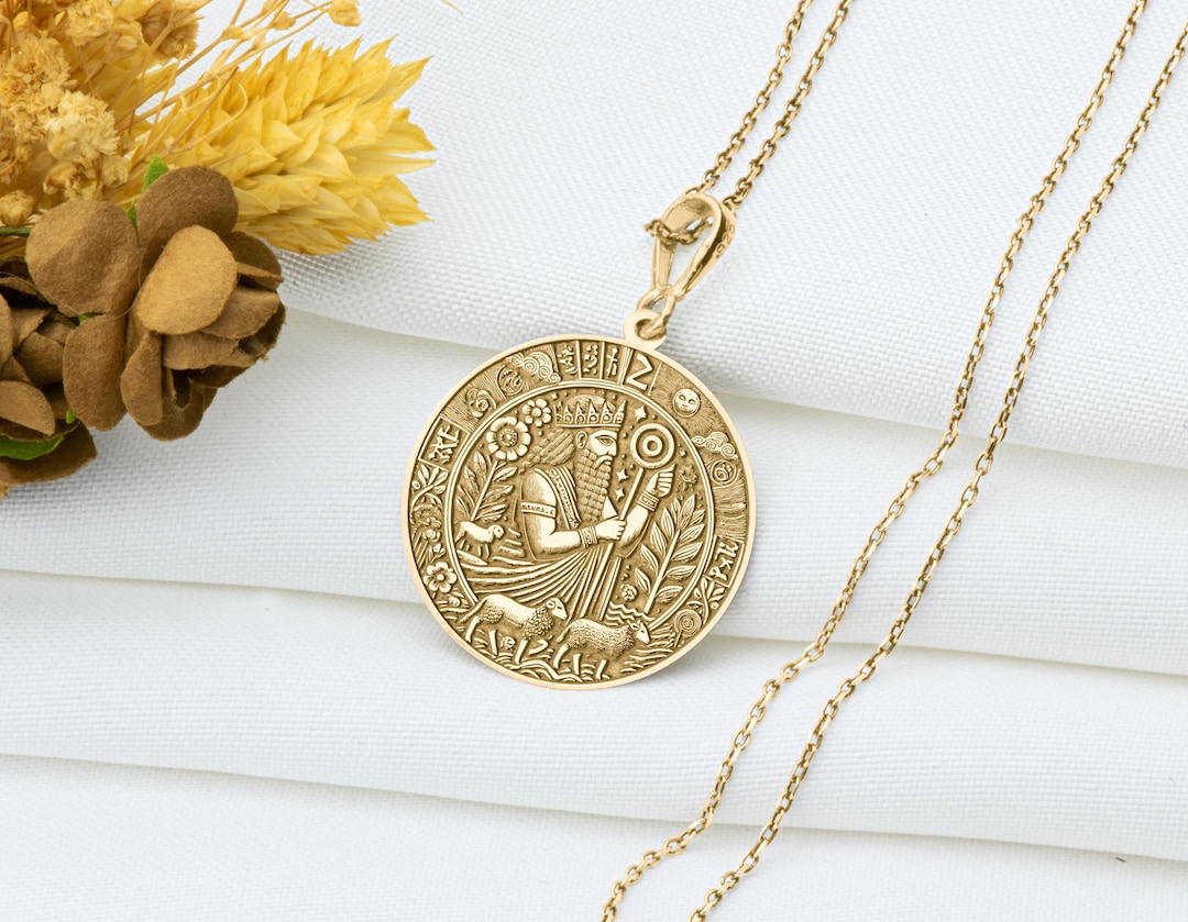 14k Solid Gold Dumuzid Charm Necklace, Sumerian God Silver Pendant ...